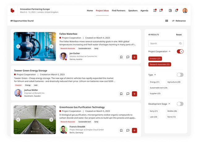 Professional innovation partnering event matchmaking tool