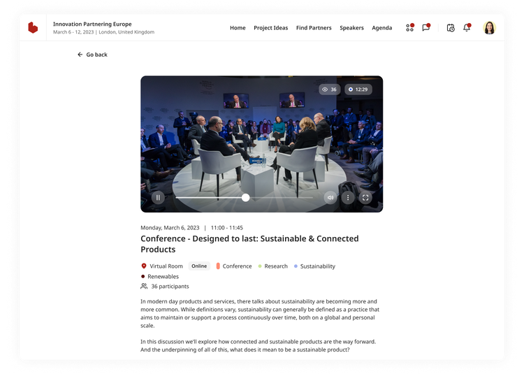 Professional innovation partnering event matchmaking tool