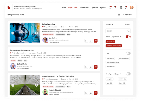 Professional innovation partnering event matchmaking tool